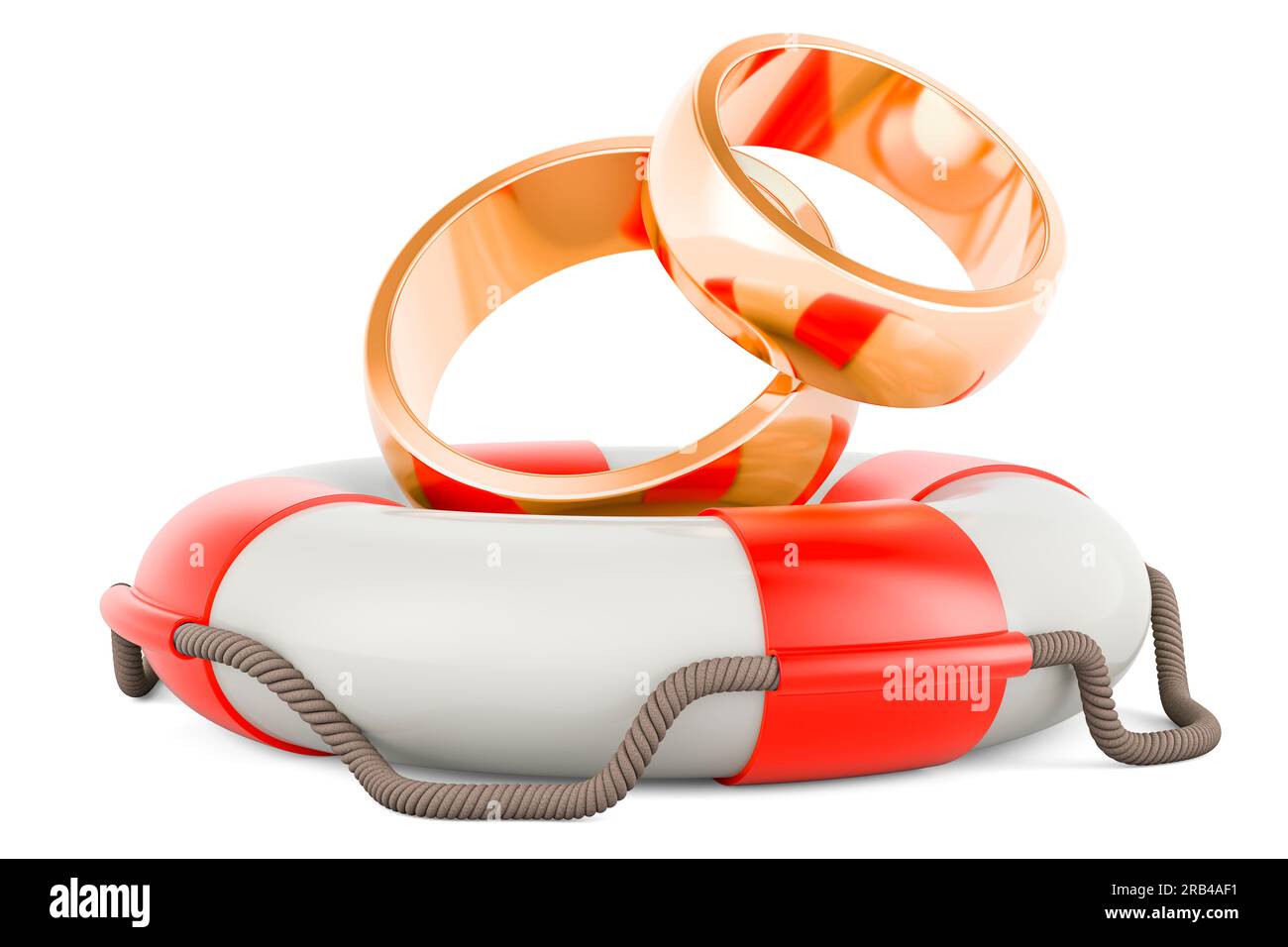 Golden wedding rings with lifebuoy. 3D rendering isolated on white ...