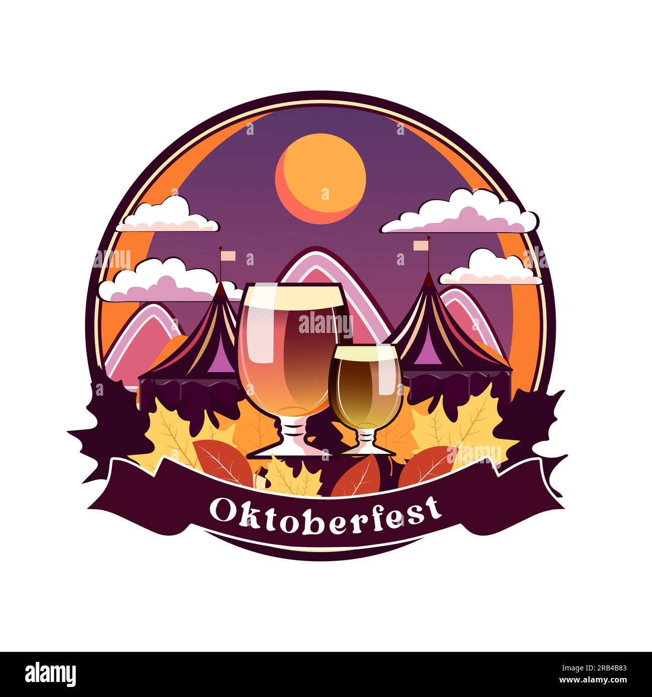Oktoberfest emblem beer with festival background, tents, mountains flag ...
