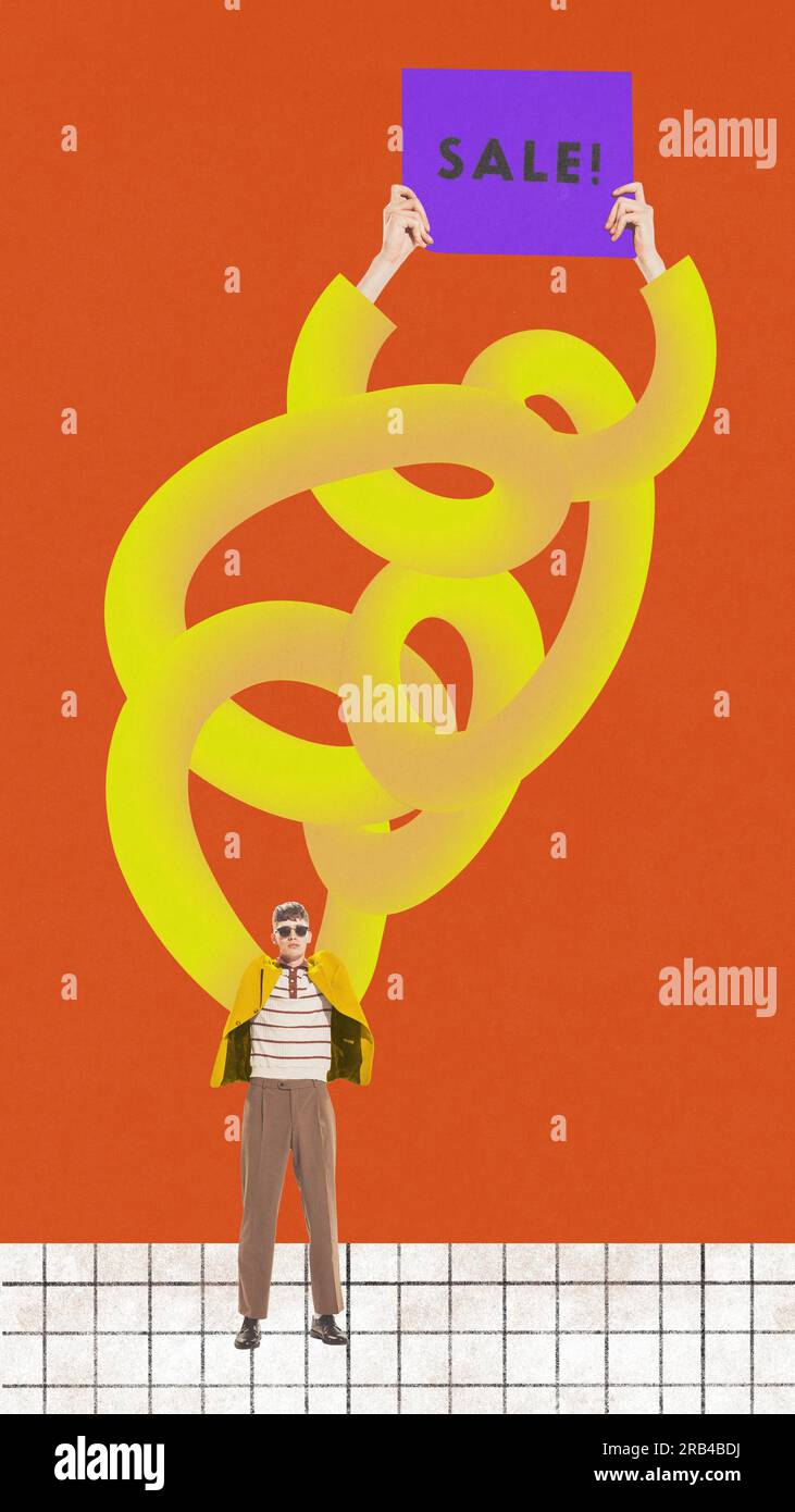 Contemporary art collage. Young man holding table with word of sale ...