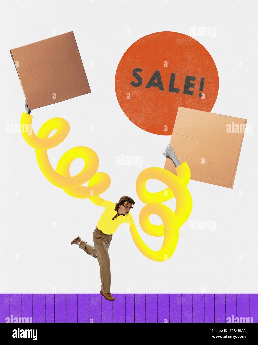 Contemporary art collage. Young man running to buy good at lower price ...