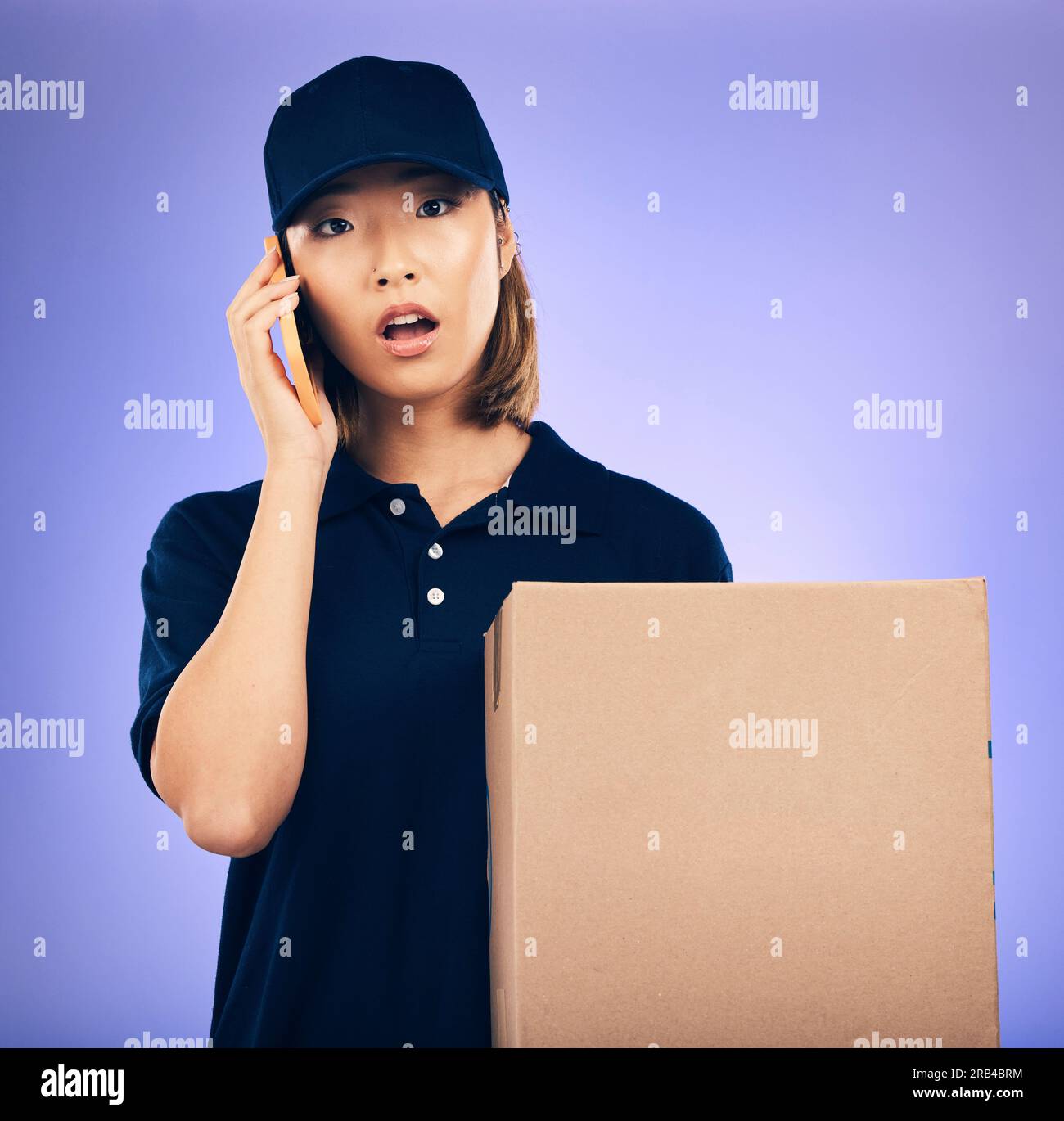 Asian woman, phone call and box for delivery, courier service or ...