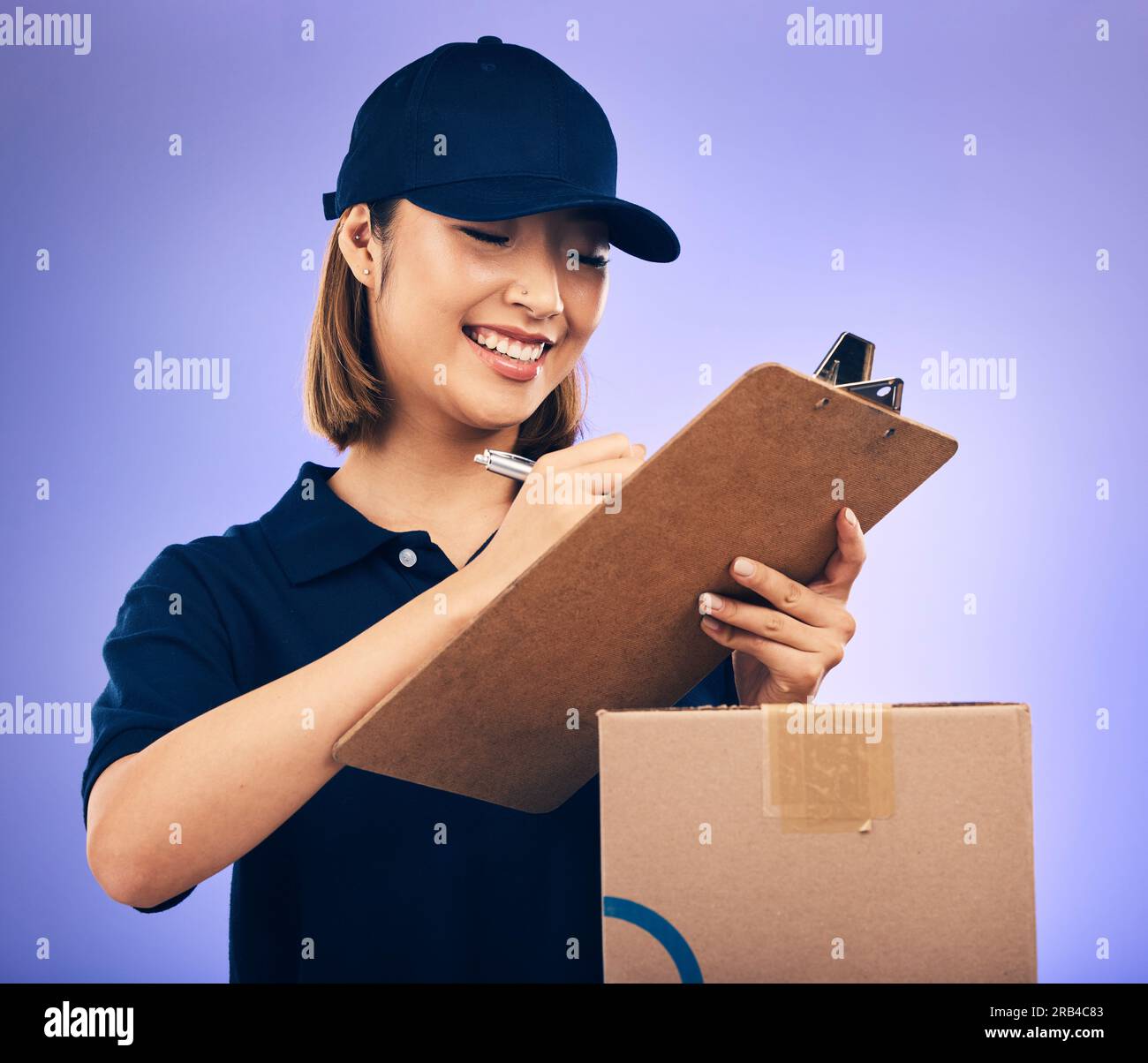 Delivery, box and woman, shipping and clipboard, signature with invoice ...