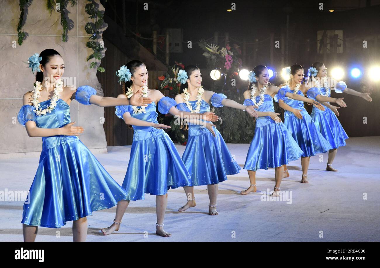 Six newly recruited hula dancers debut on July 7, 2023, at a Hawaii ...
