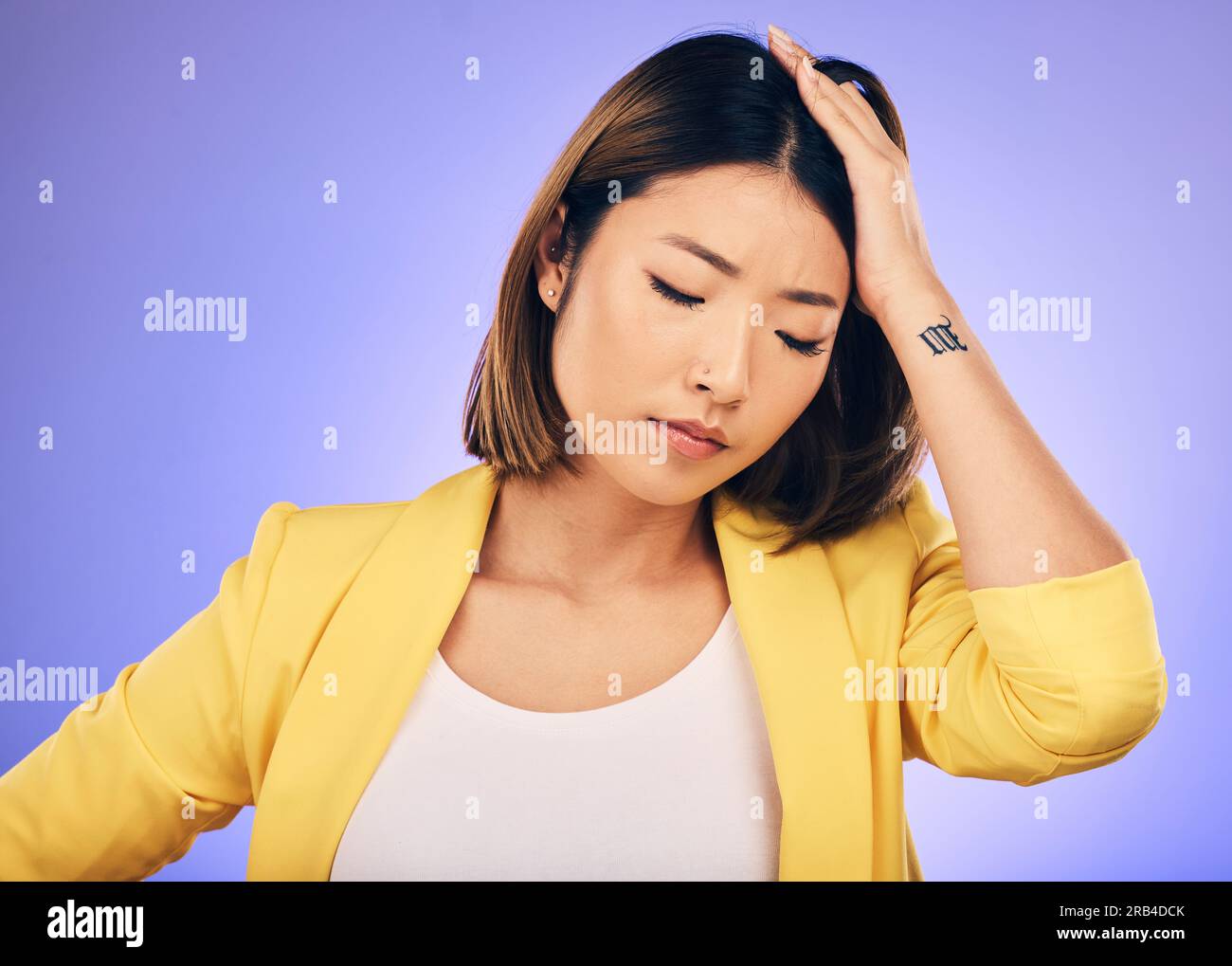 Anxiety, thinking and woman with stress in crisis, accident or mistake ...