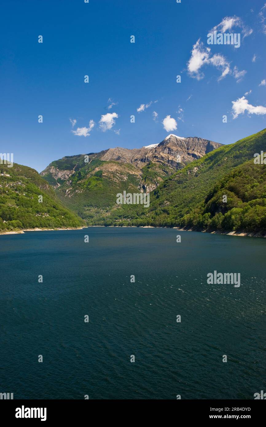 Switzerland, Canton Ticino, Verzasca valley, lake of Contra dam Stock ...