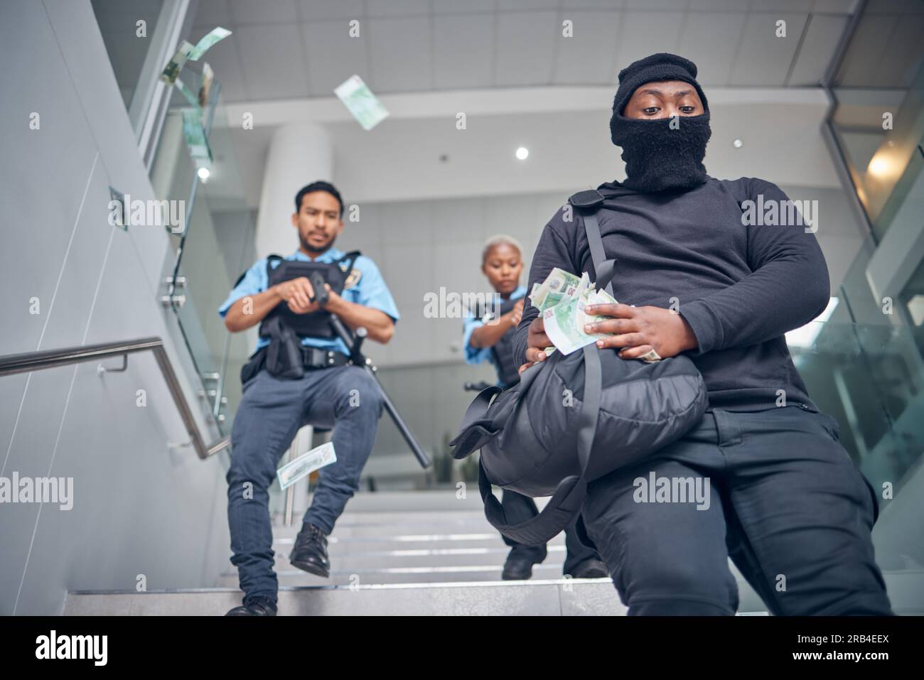 Robbery, bank and police running after criminal for justice, punishment ...