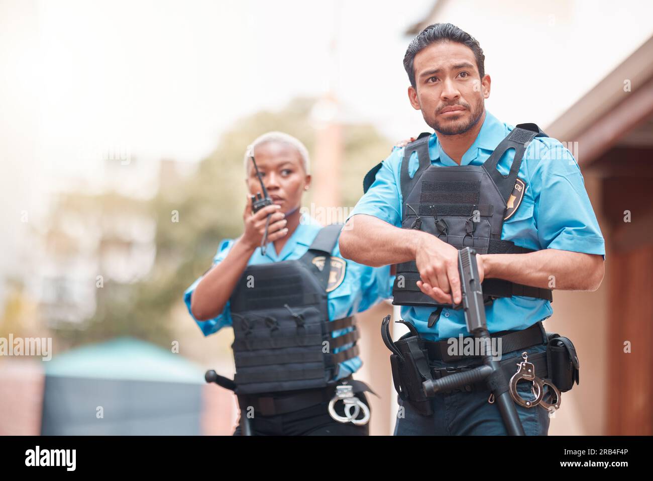 Crime, team and police with an investigation together for security, law ...