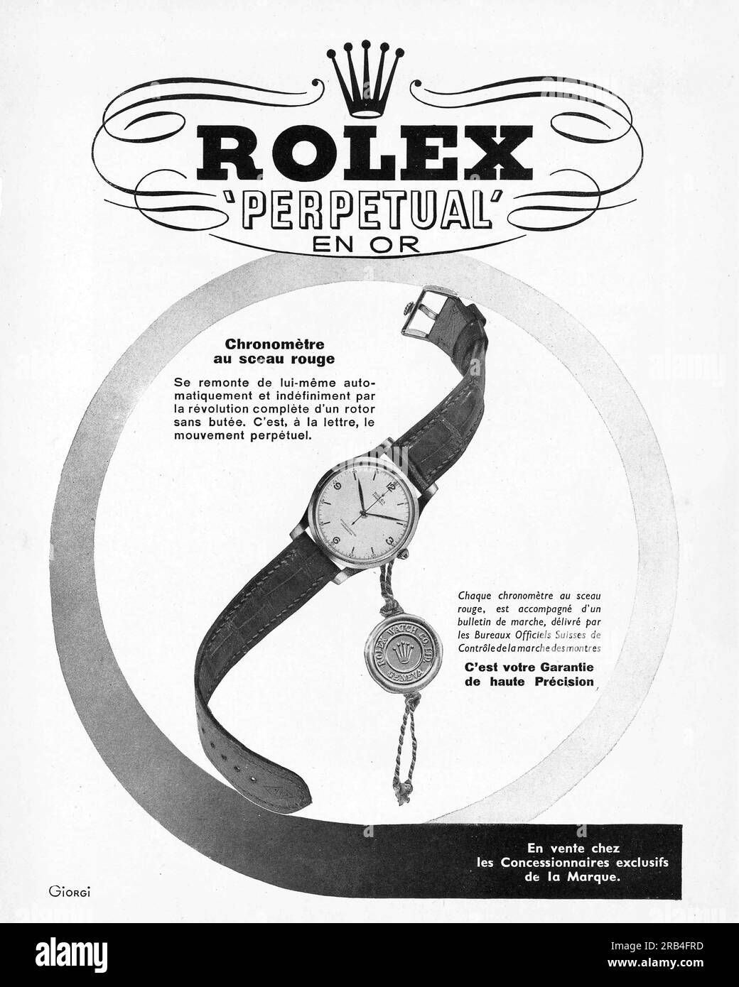 Rolex Perpetual gold watch advertisiment in a French magazine 1950 ...
