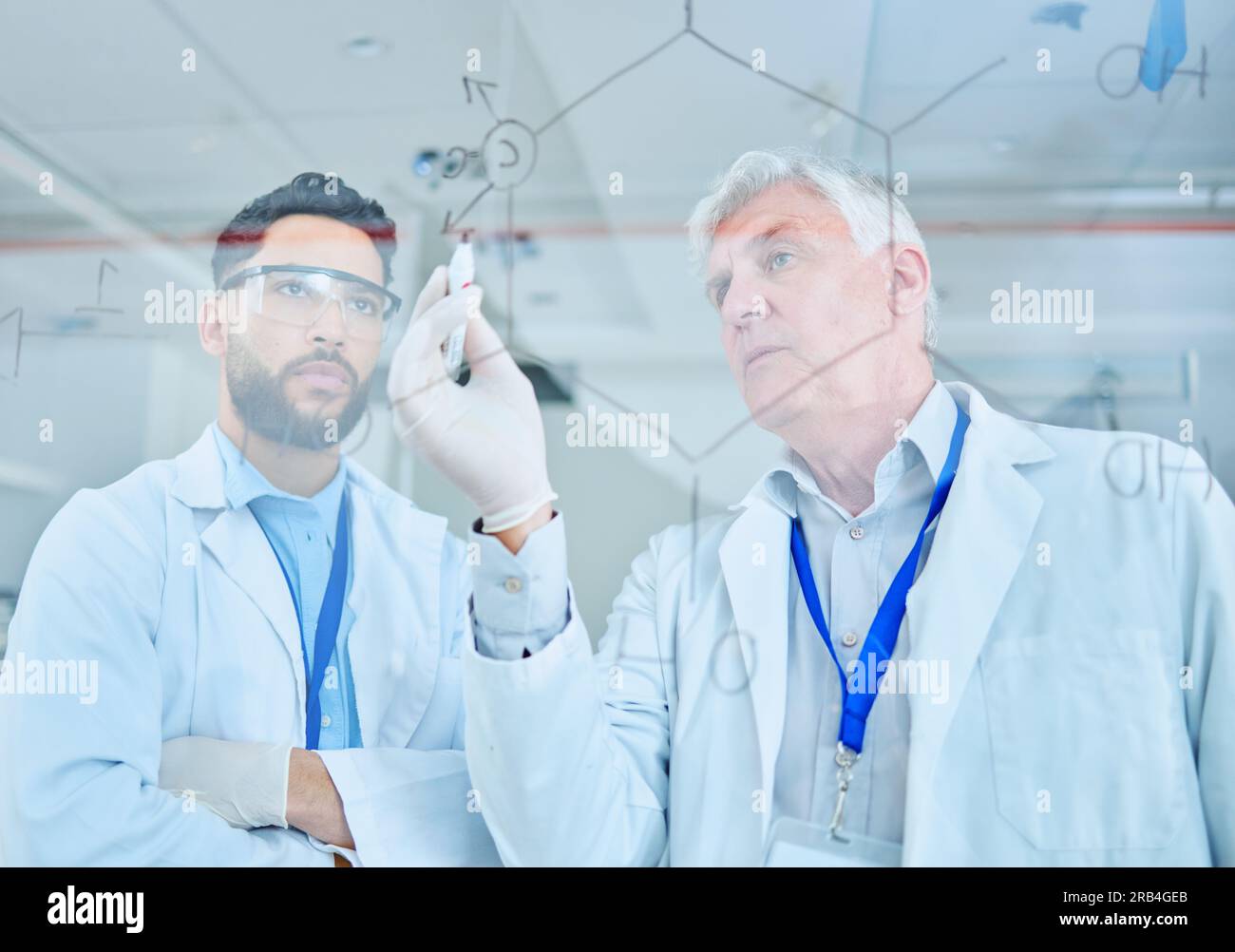 Board, writing and science people collaboration on chemistry equation ...