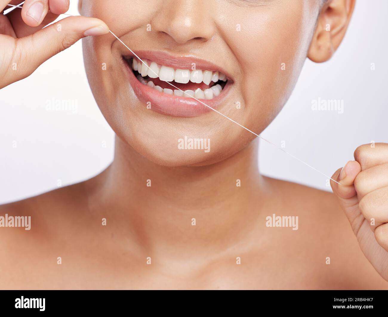 Mouth, face and woman floss teeth for dental health, care or gingivitis ...