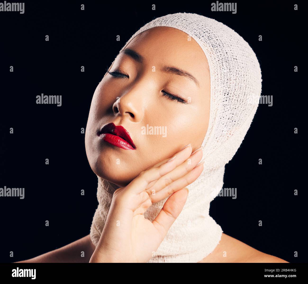 Asian woman, plastic surgery and bandage for skin, beauty and ...