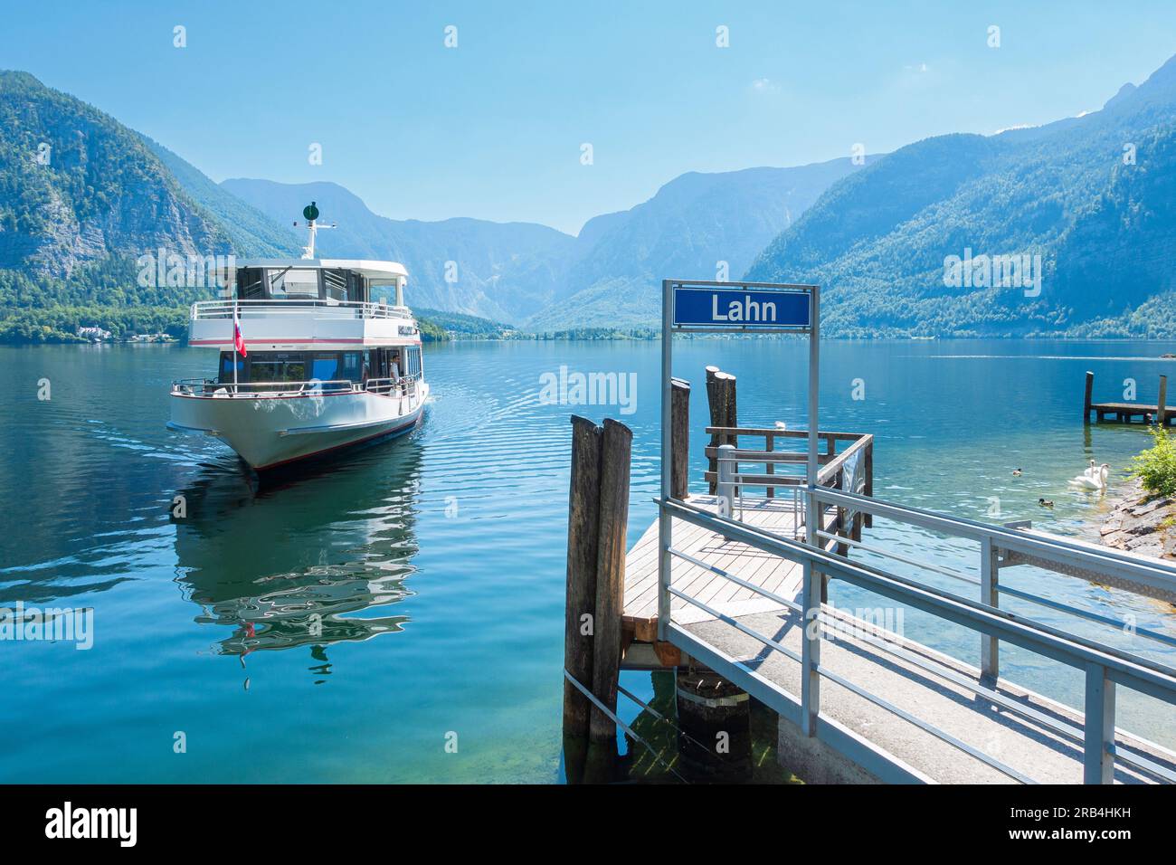 The cruise ship in Hallstatt Lahn port on Hallstatt town and the lake ...