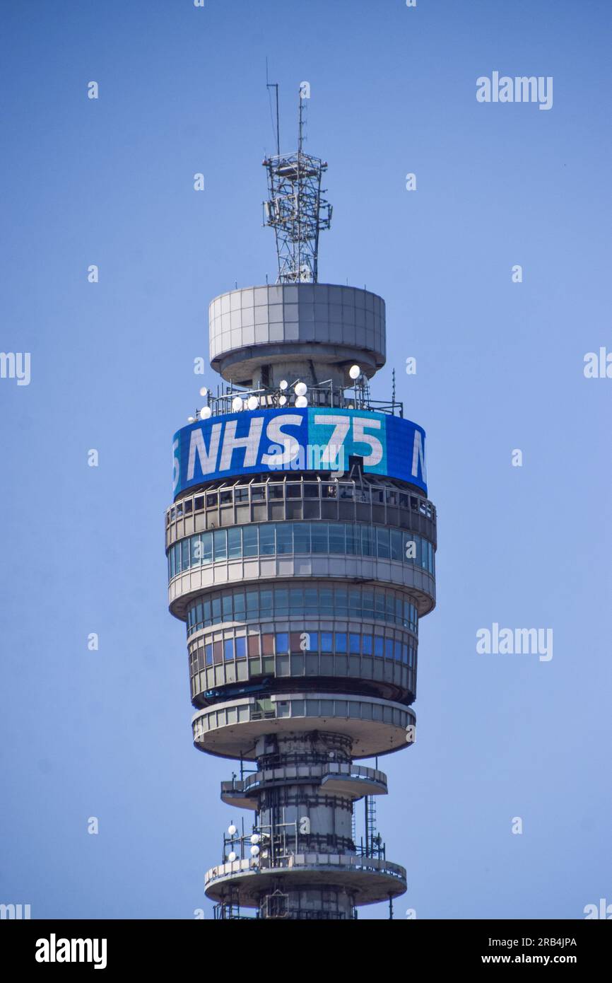 London, England, UK. 7th July, 2023. The BT Tower celebrates 75 years ...