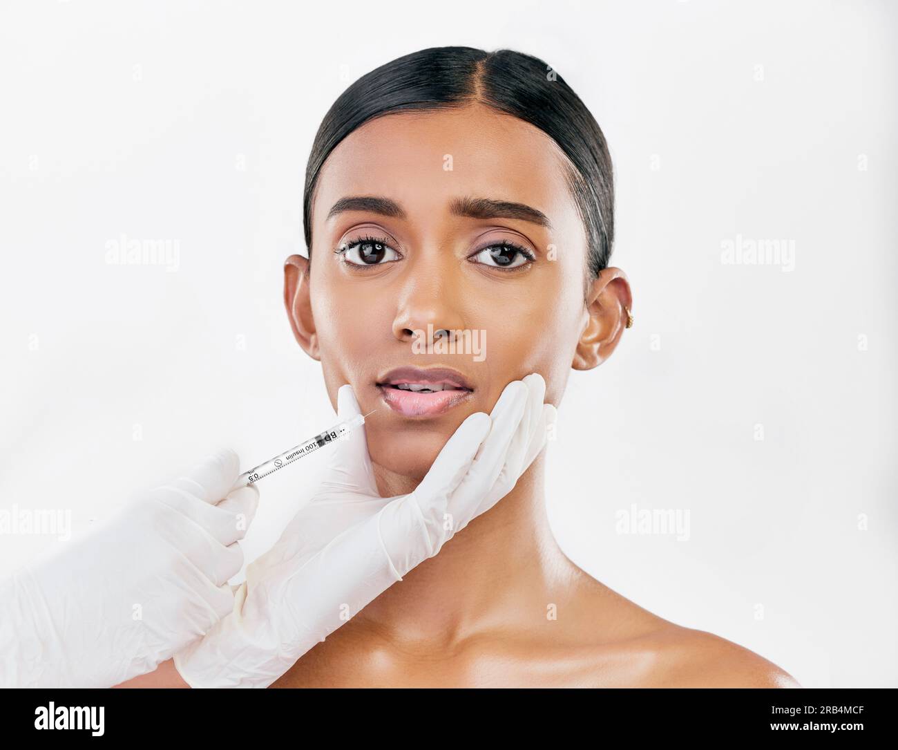 Injection, scared and portrait of woman with face filler of beauty ...