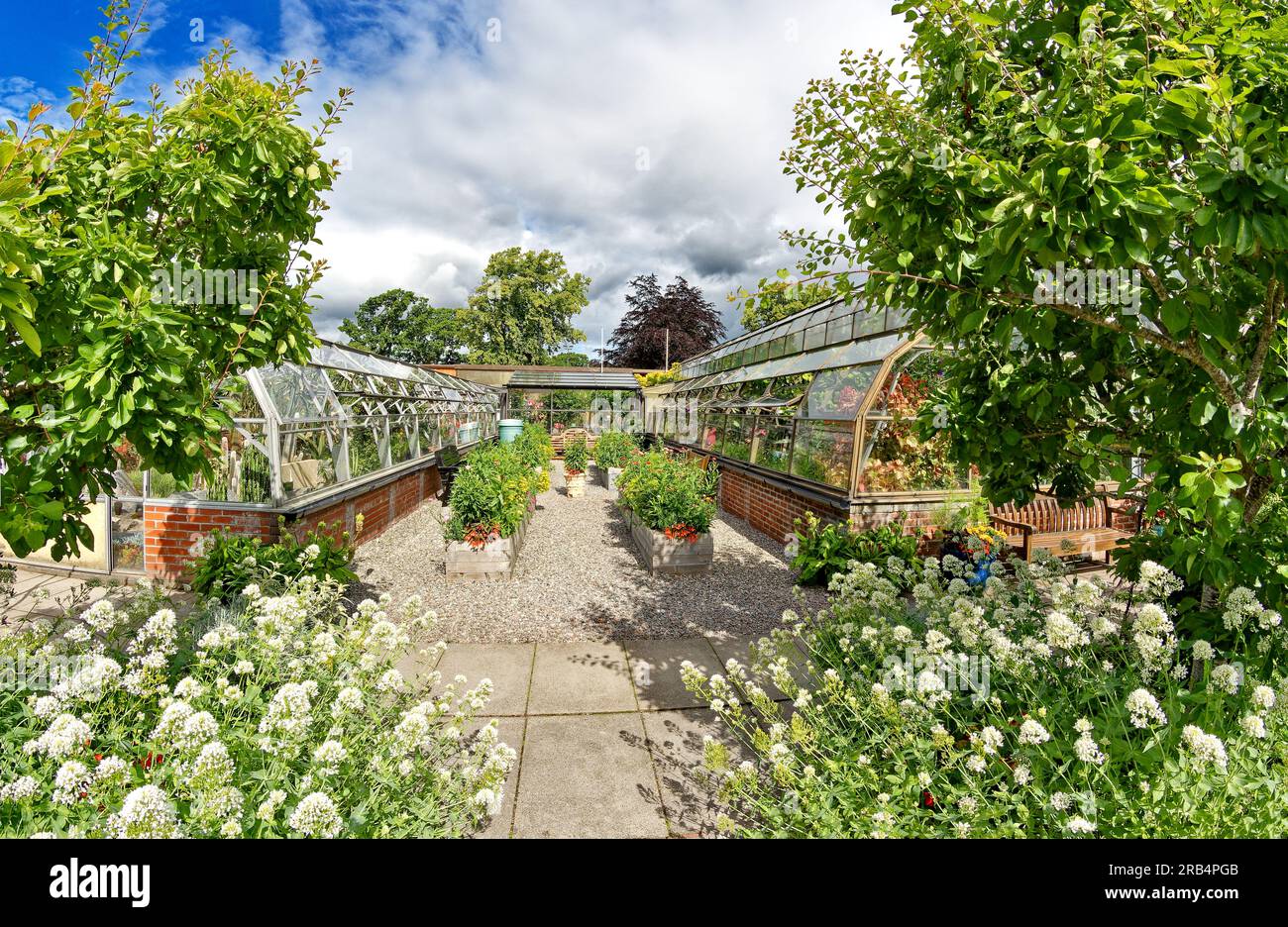 Inverness Botanic Gardens Scotland view to the greenhouses planters and ...