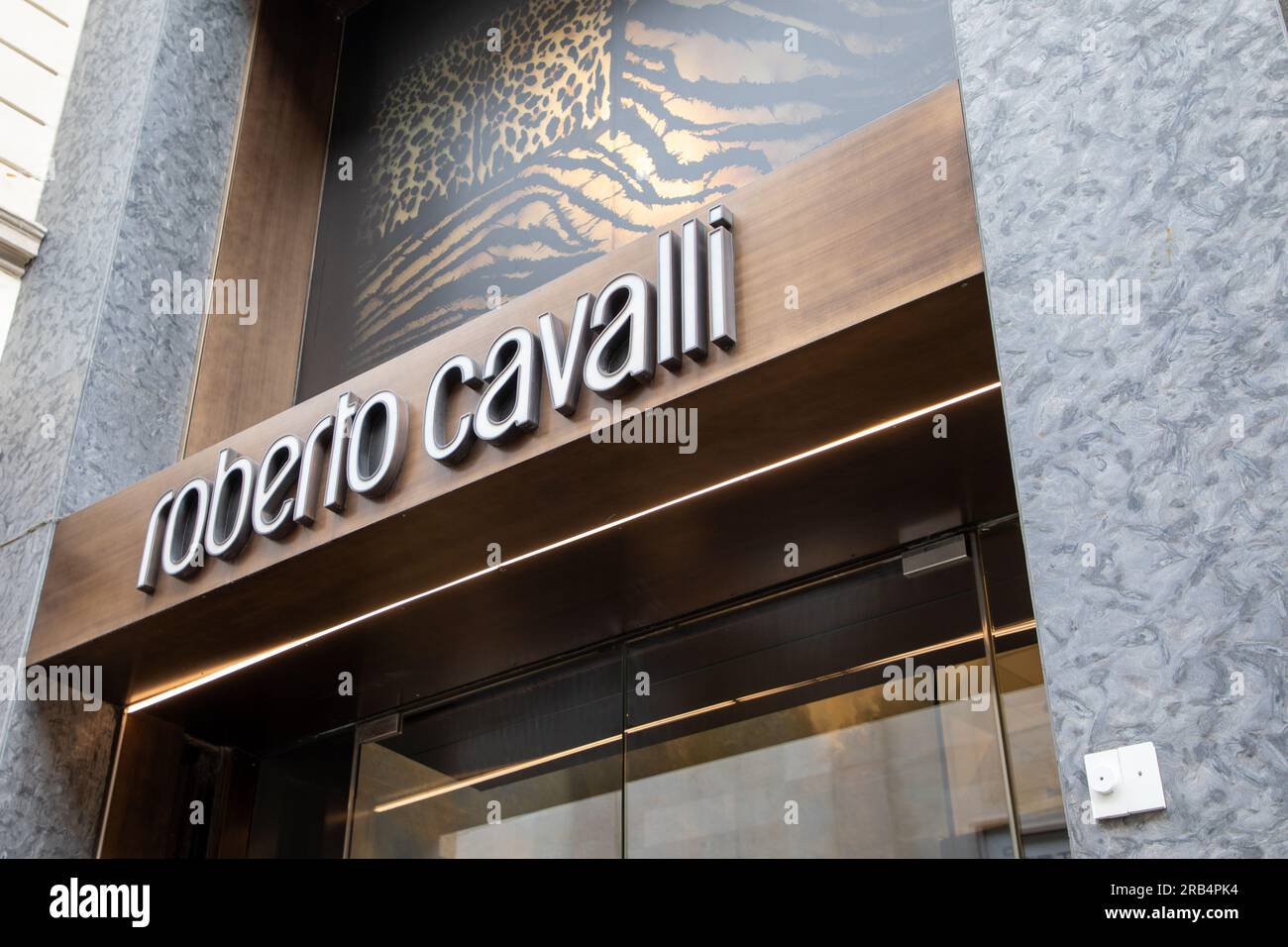 Milan , Italy - 07 05 2023 : Roberto Cavalli logo sign and brand text ...