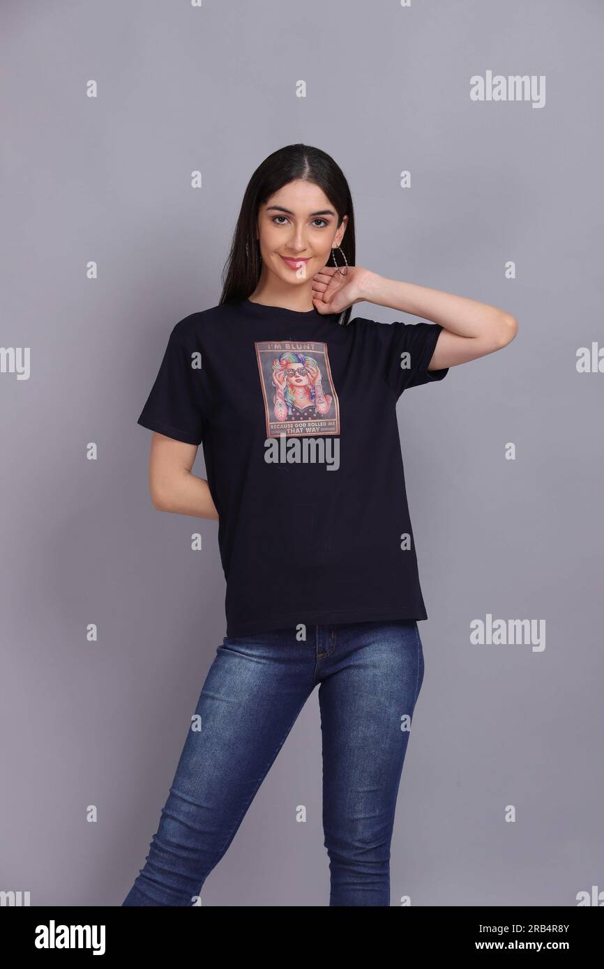 Female fashion model wearing custom t shirt hi-res stock photography ...