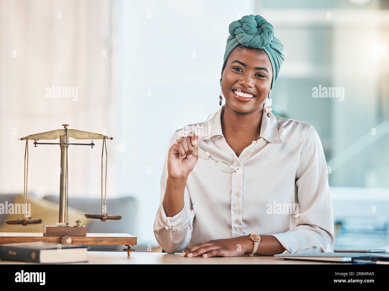 Lawyer, portrait and happy black woman with glasses in office, law firm ...