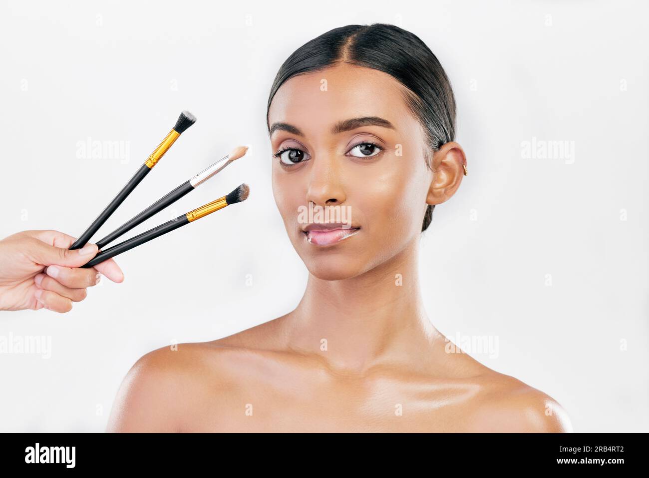 Portrait, woman and makeup brush set for face, cosmetics or aesthetic tools on white background ...