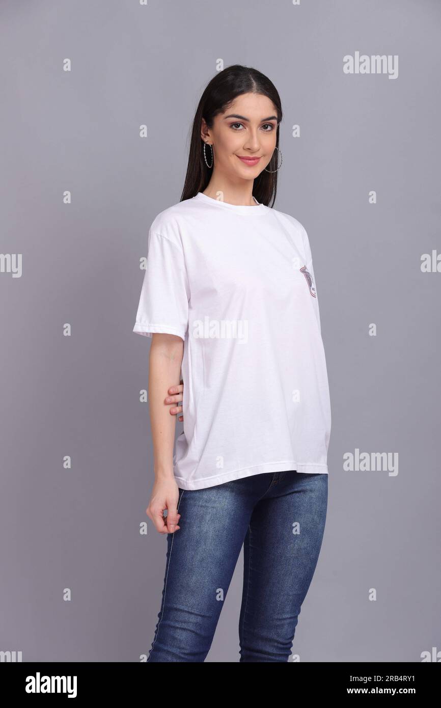 Female model displaying t shirt design hi-res stock photography and ...
