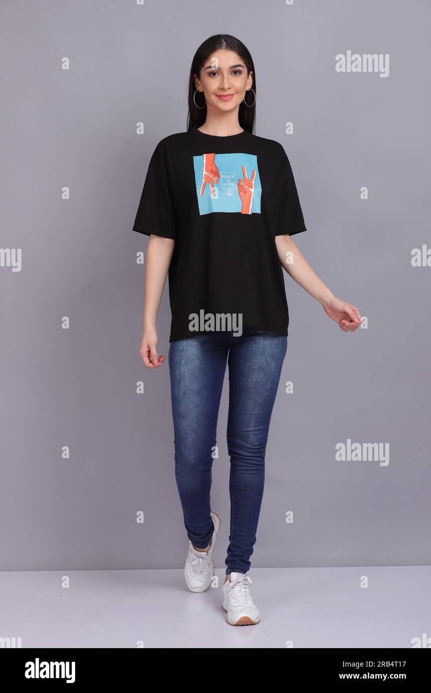 Female fashion model wearing custom t shirt hi-res stock photography ...