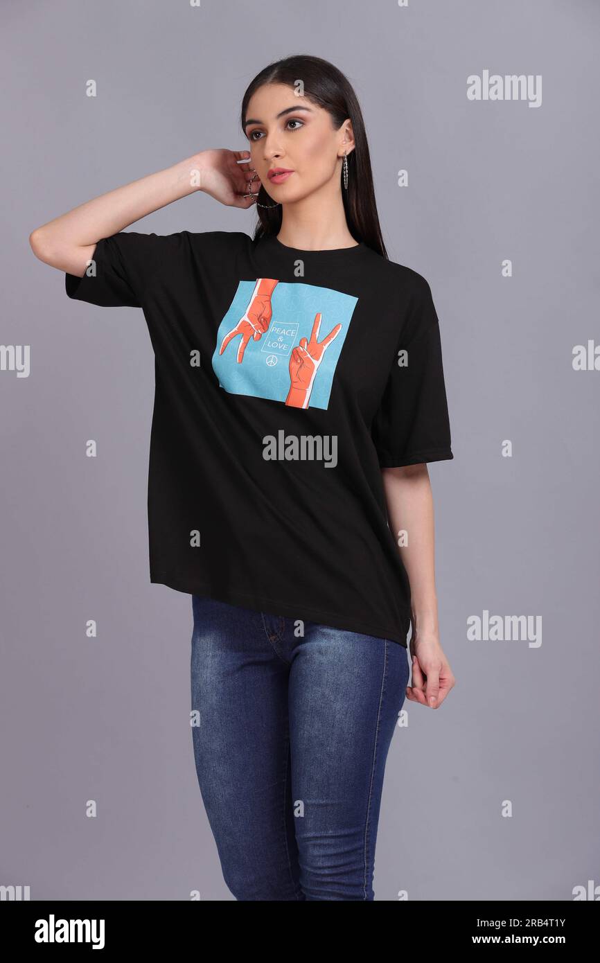 Female fashion model wearing custom t shirt hi-res stock photography ...