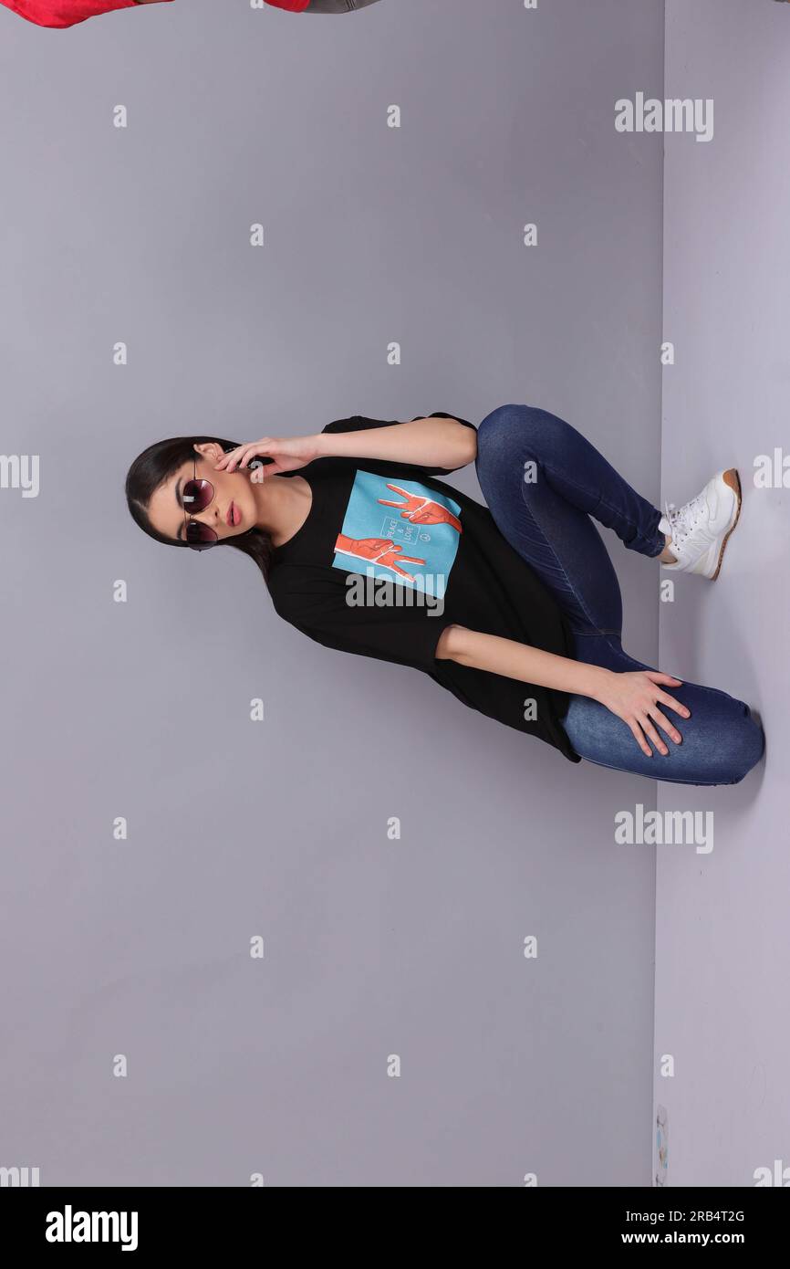 Female fashion model wearing custom t shirt hi-res stock photography ...
