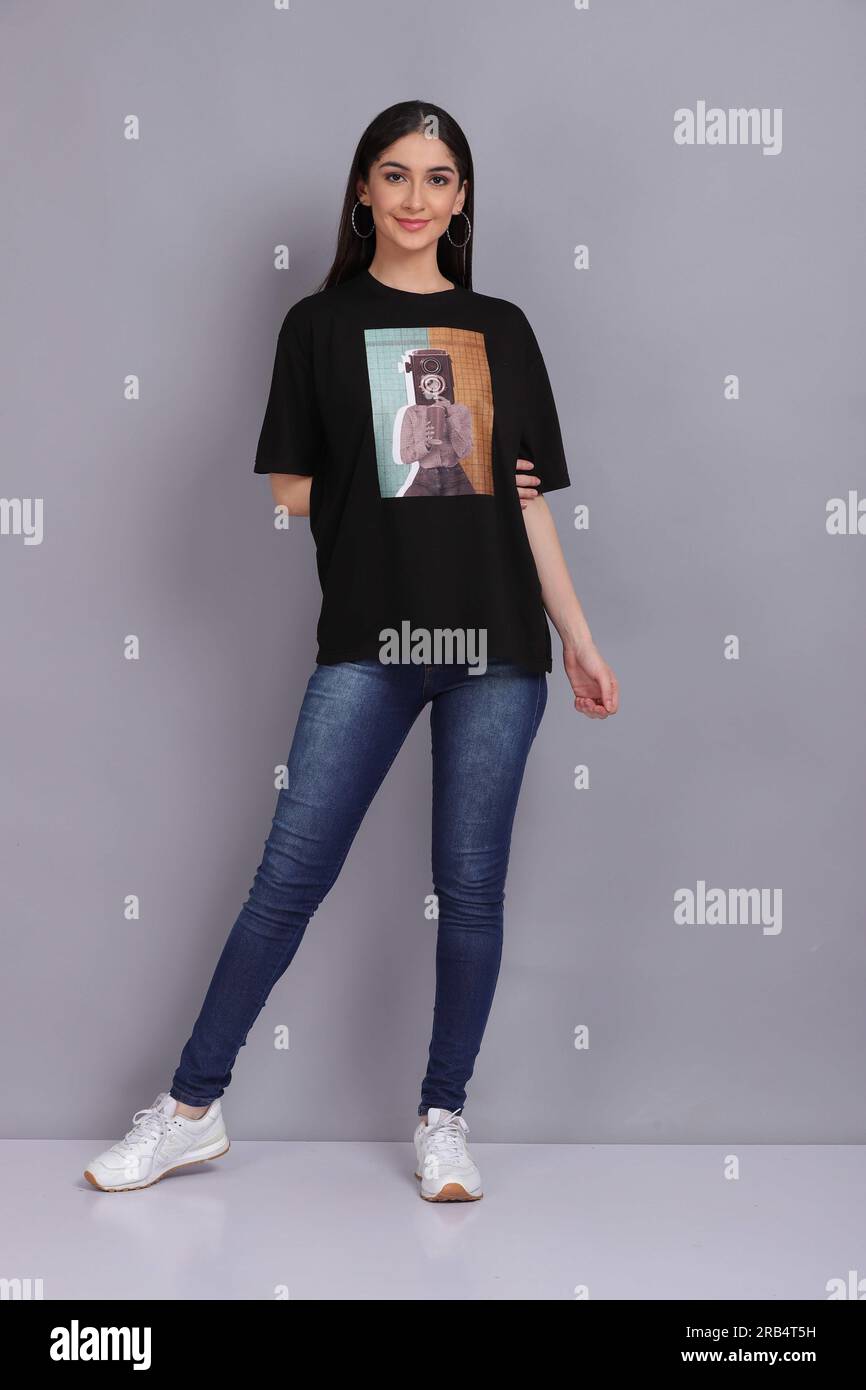 Female fashion model wearing custom t shirt hi-res stock photography ...