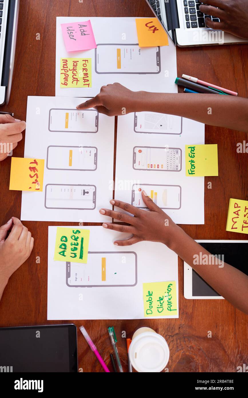 Overhead shot of team working together on mobile app layout design, UX ...
