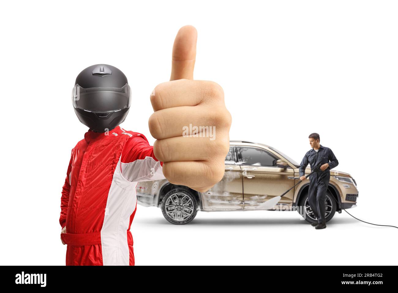 Car racer gesturing thumbs up at a carwash isolated on white background ...