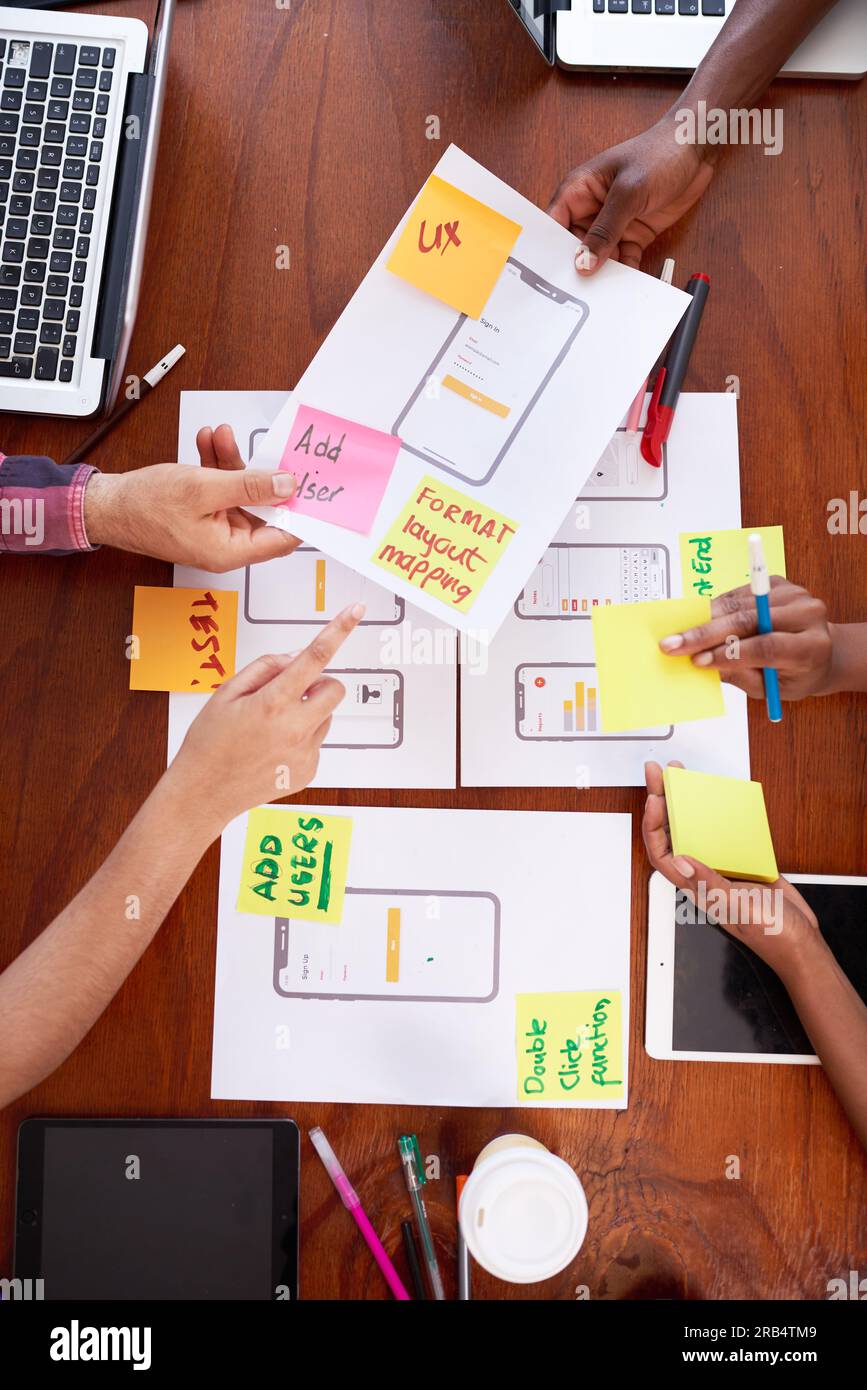 Overhead shot of team working together on mobile app layout design, UX ...