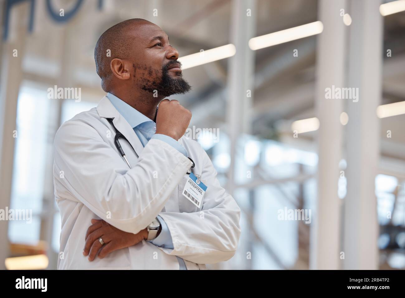 Thinking, hospital doctor and black man planning medical project ...