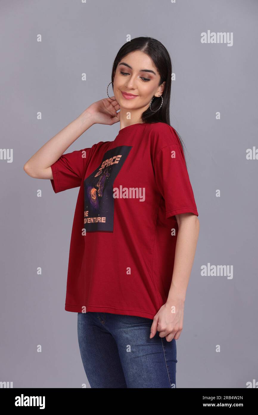 Female fashion model wearing custom t shirt hi-res stock photography ...