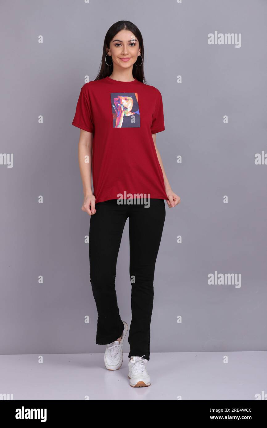 Female fashion model wearing custom t shirt hi-res stock photography ...