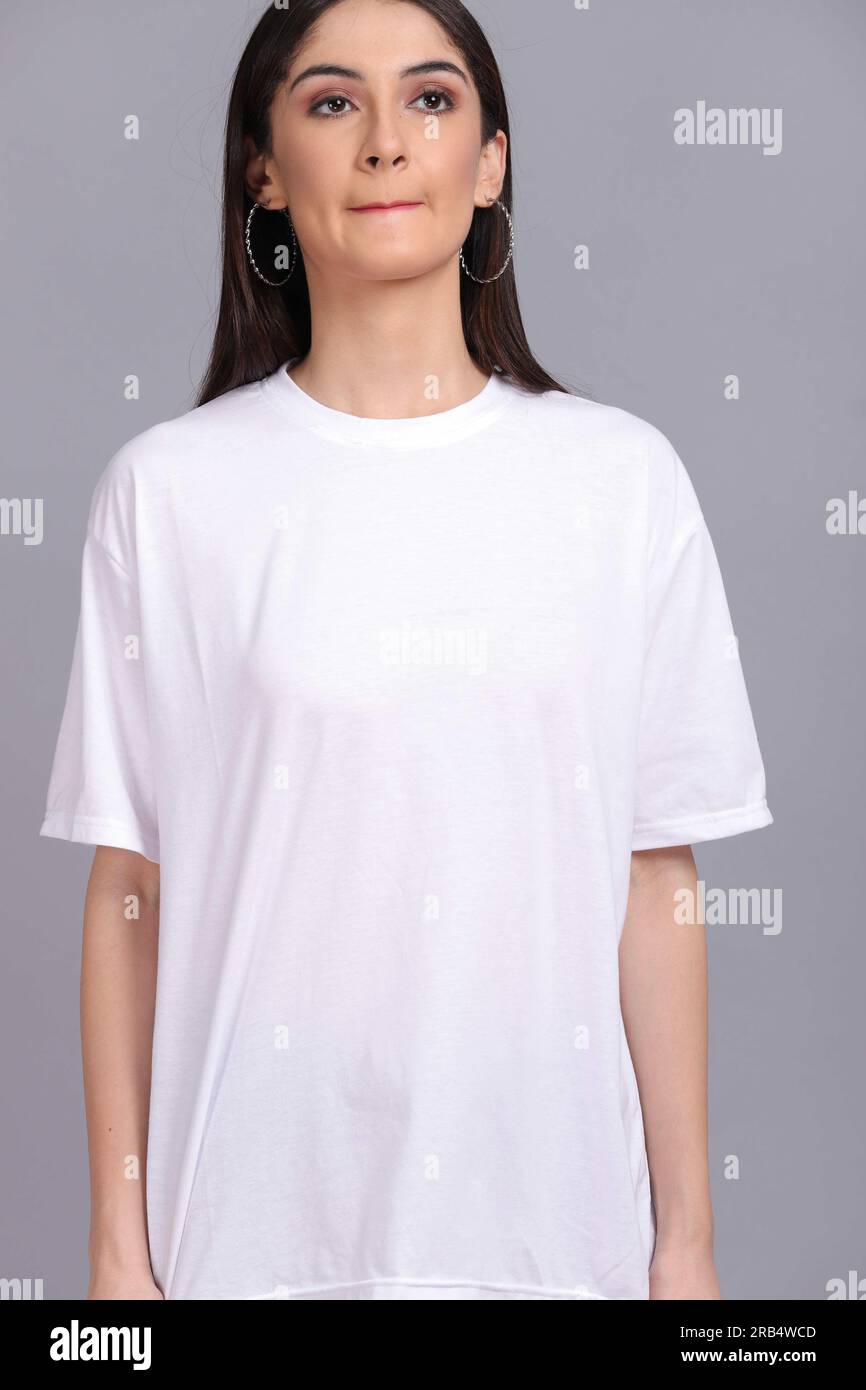 Female fashion model wearing custom t shirt hi-res stock photography ...