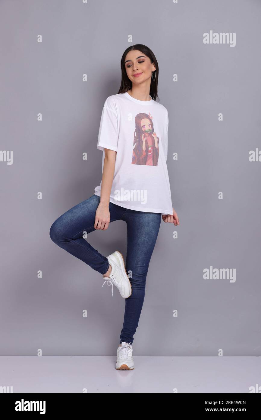 Female fashion model wearing custom t shirt hi-res stock photography ...