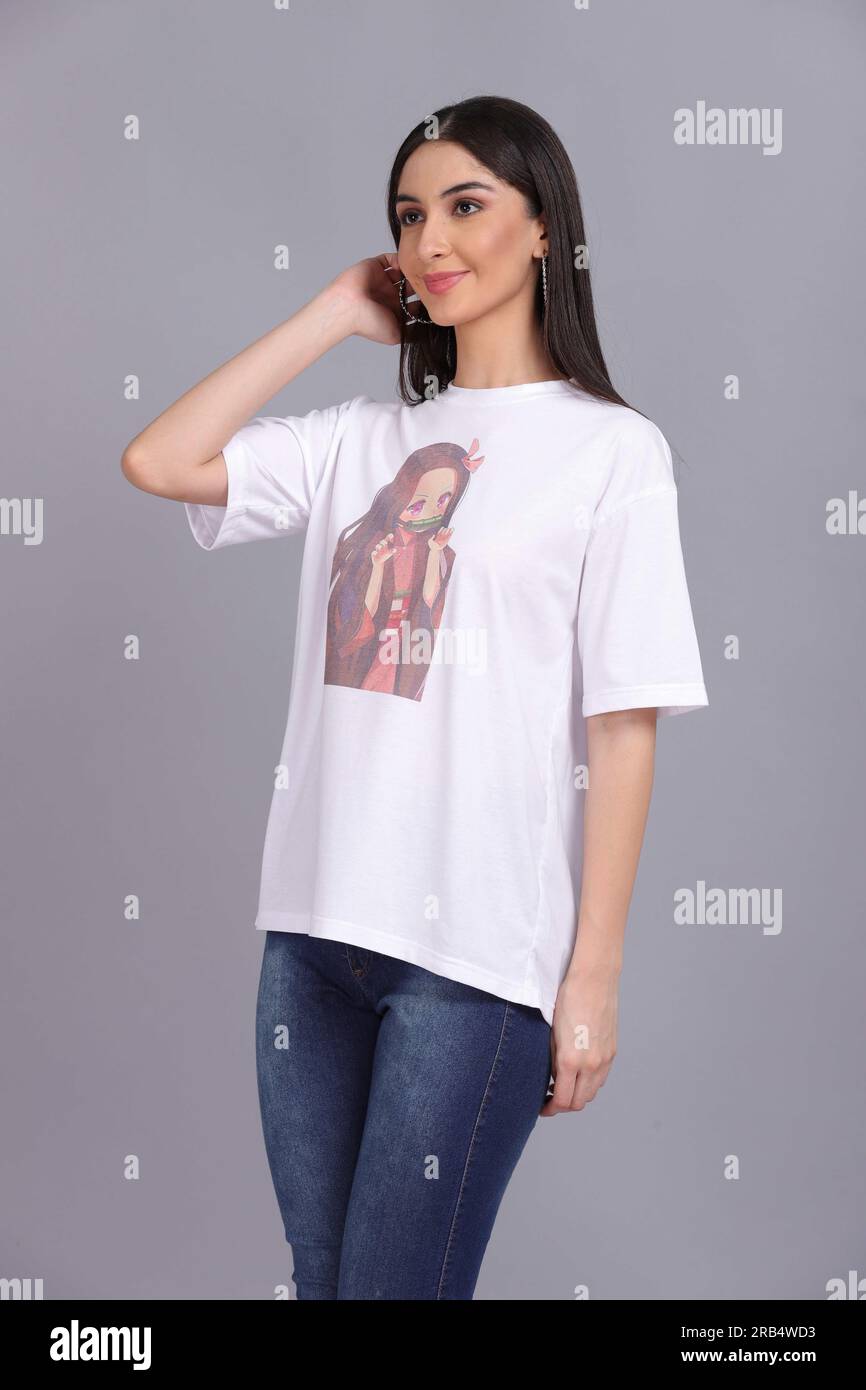 Female fashion model wearing custom t shirt hi-res stock photography ...
