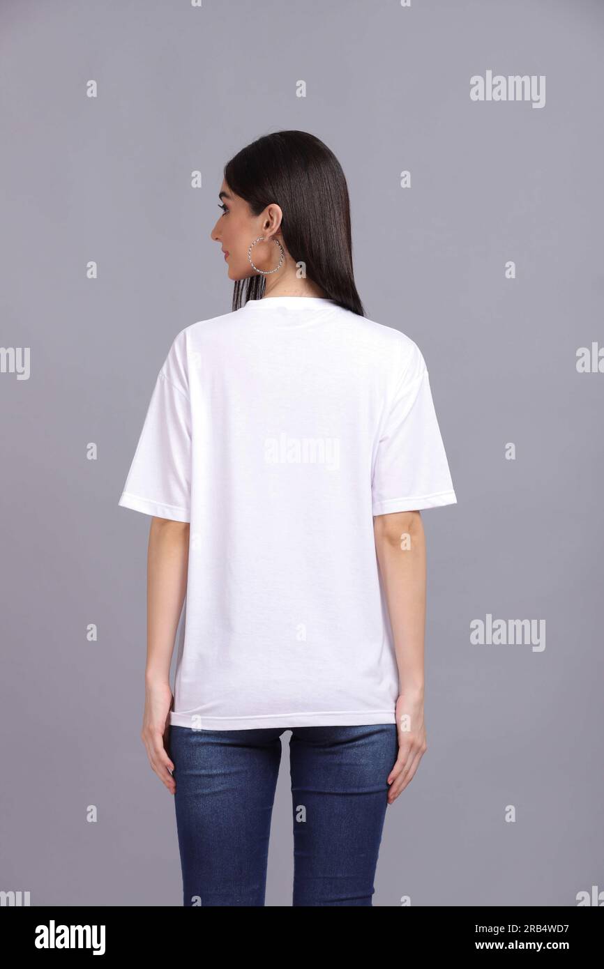 Female fashion model wearing custom t shirt hi-res stock photography ...
