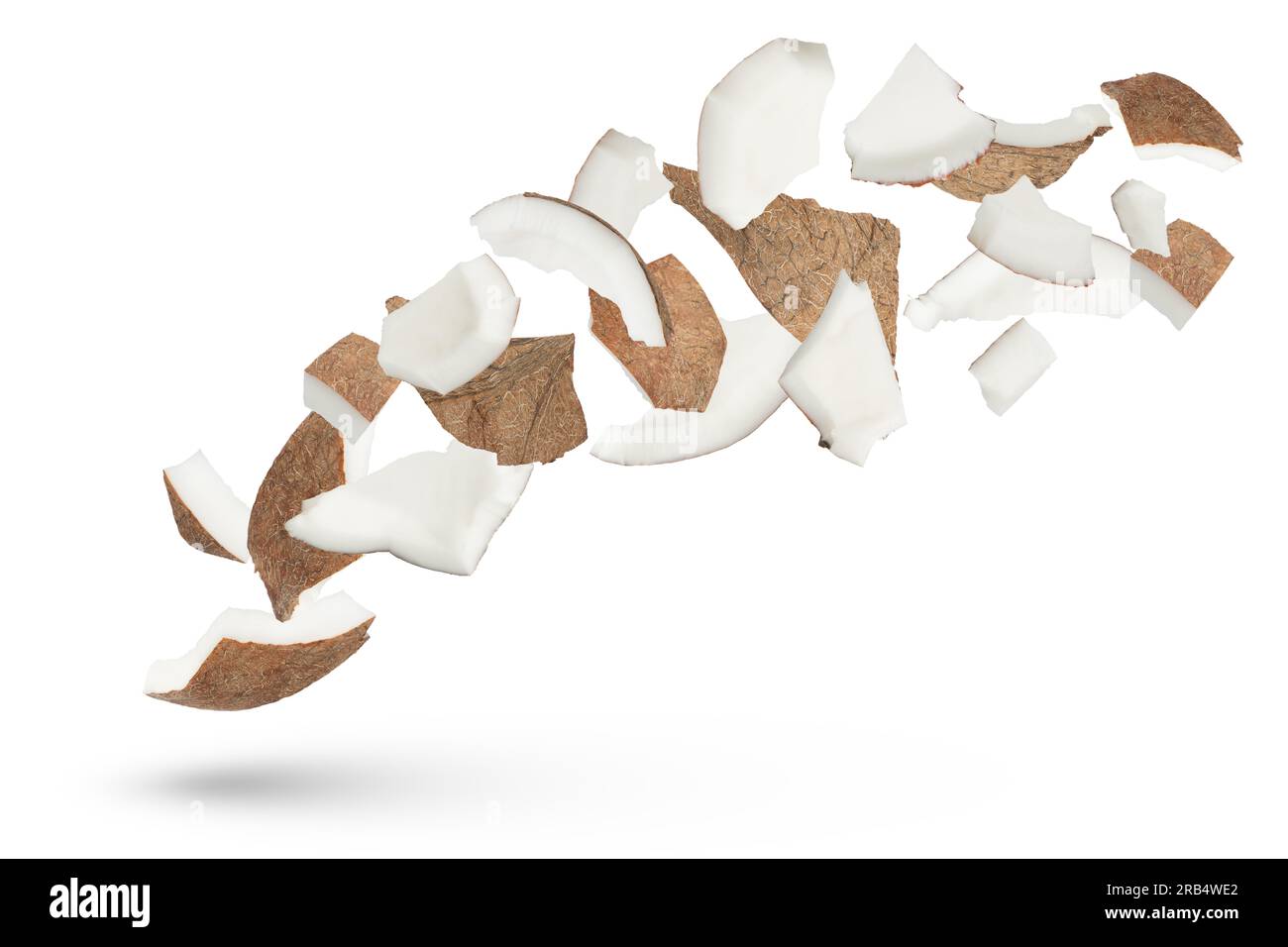 Coconut slices on a white isolated background. Coconut slices scatter ...