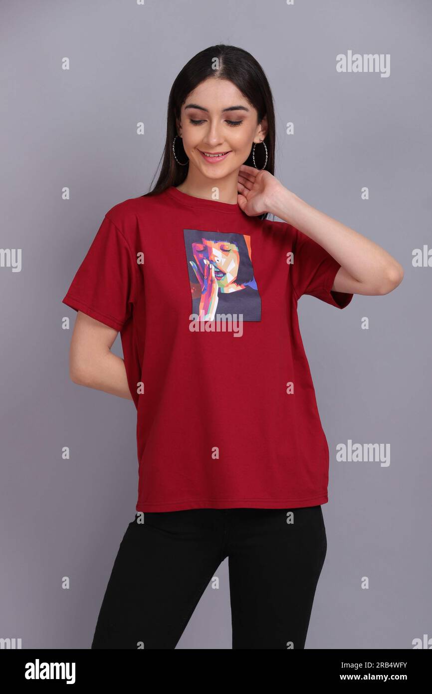 Female fashion model wearing custom t shirt hi-res stock photography ...