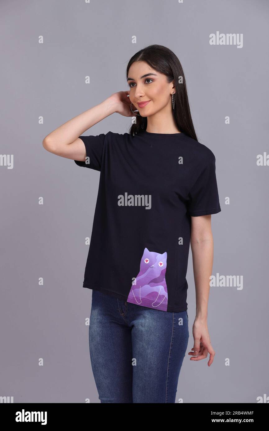 Female fashion model wearing custom t shirt hi-res stock photography ...