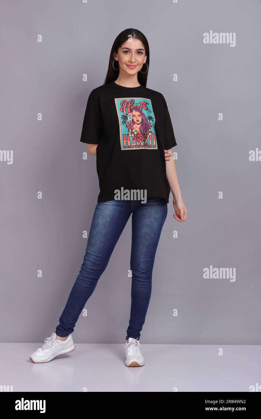 Female fashion model wearing custom t shirt hi-res stock photography ...
