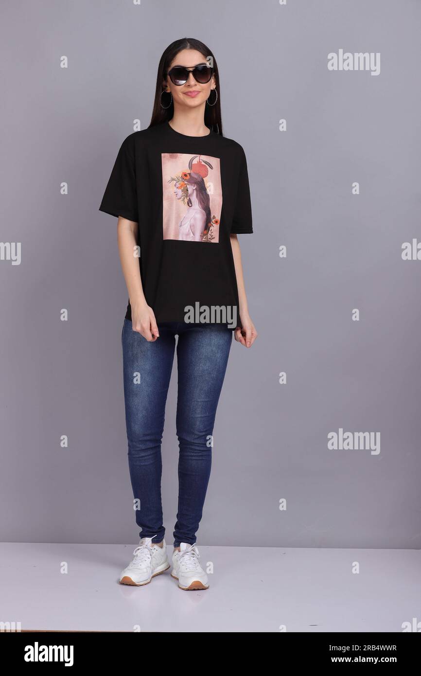 Female fashion model wearing custom t shirt hi-res stock photography ...