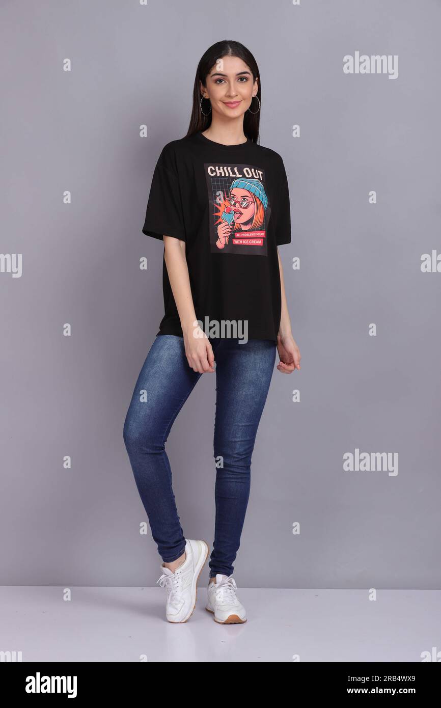 Female fashion model wearing custom t shirt hi-res stock photography ...