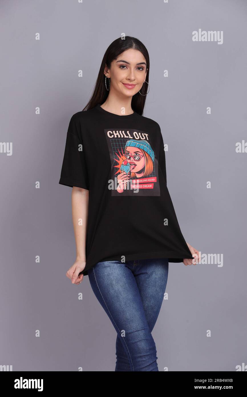 Female fashion model wearing custom t shirt hi-res stock photography ...