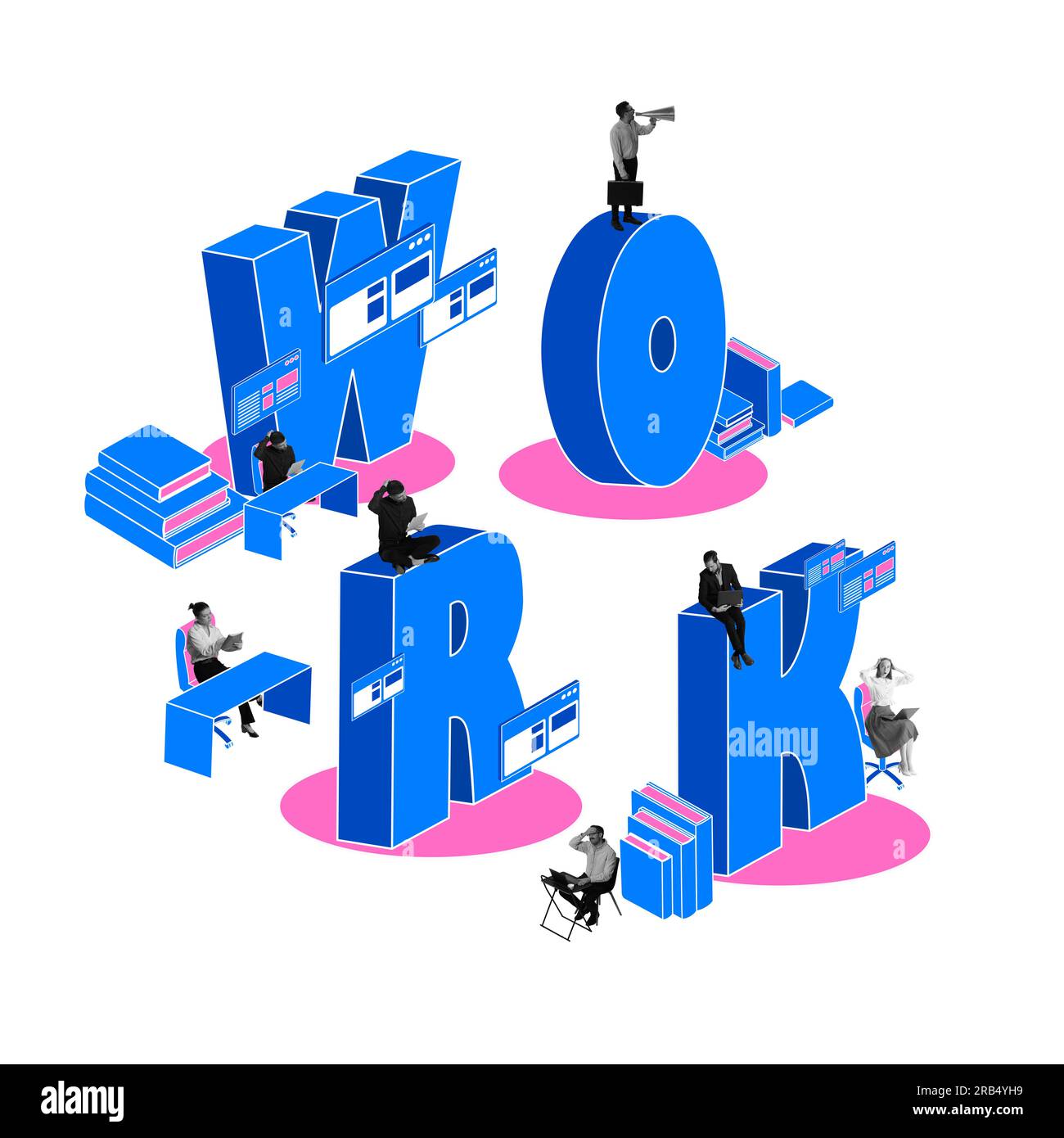 Work. Contemporary art collage. Young people, office workers working on ...