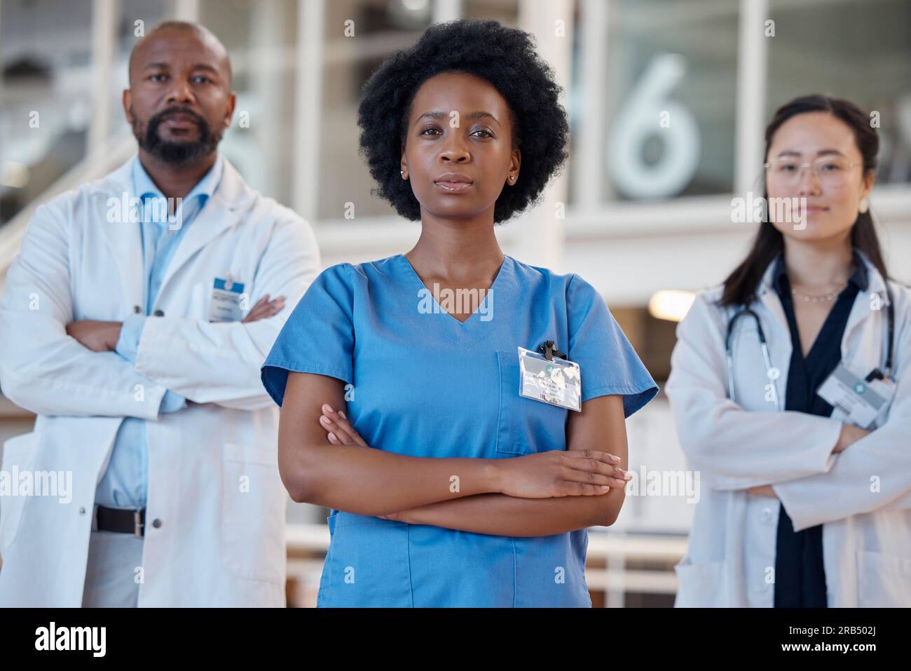Serious black woman, portrait and doctors for teamwork, healthcare leadership and hospital ...