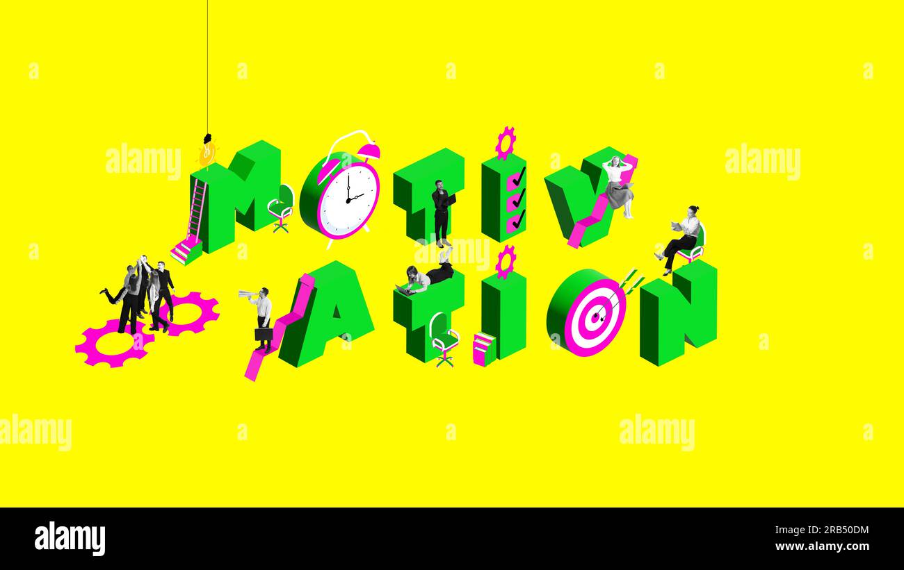 Motivation. Contemporary art collage. Young people, employees working ...