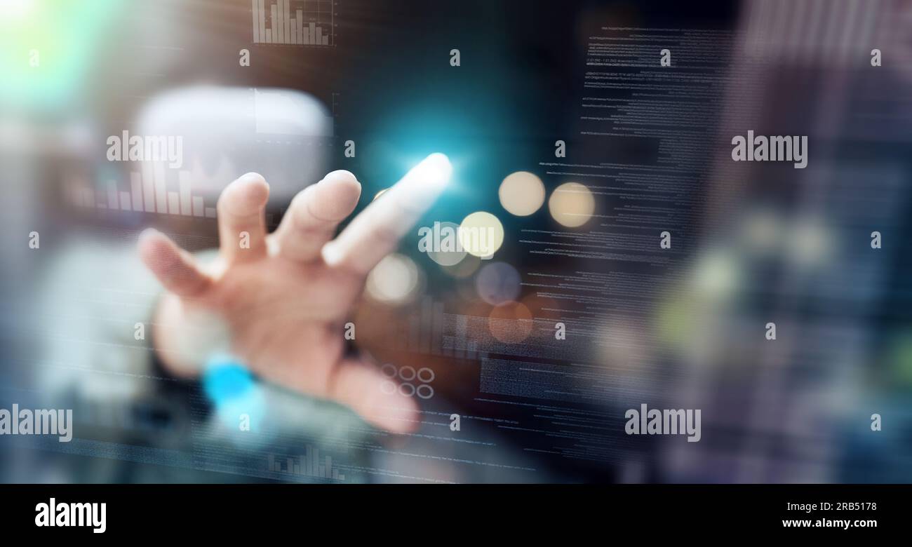 Hand, code and programming with hologram, cyber security or digital software with connection ...