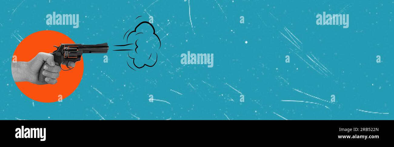 Art collage, modern design, hand with gun on blue background. Copying ...